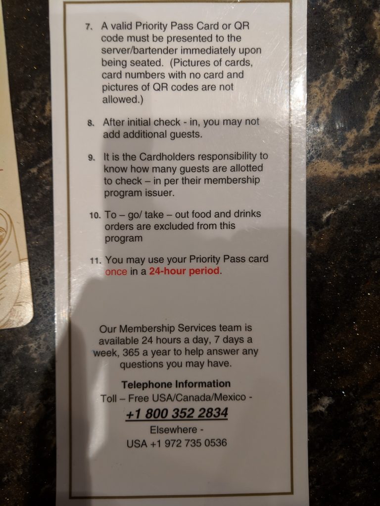 Priority Pass restaurant restriction: one visit per 24 hours