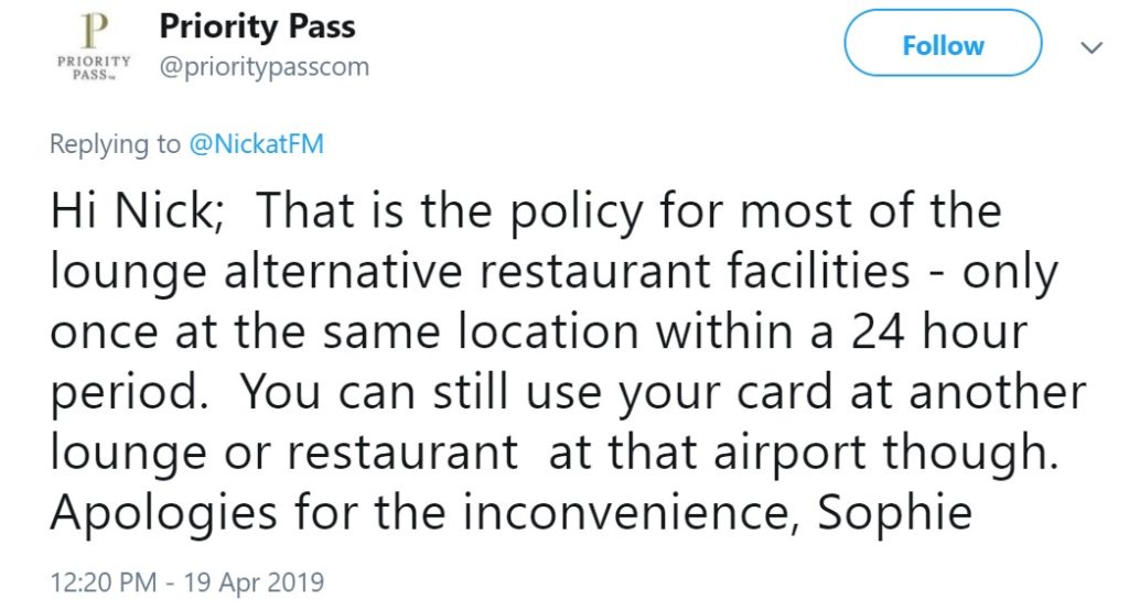 Priority Pass restaurant restriction: one visit per 24 hours