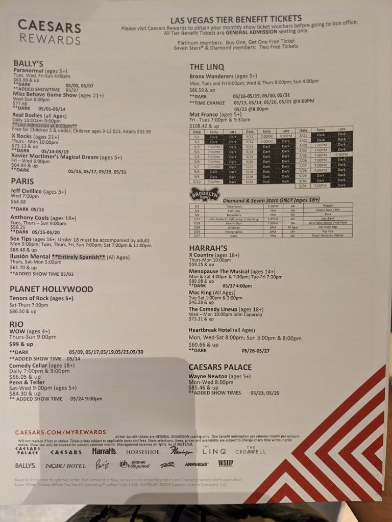 Caesars Diamond benefit: 2 free show tickets every month