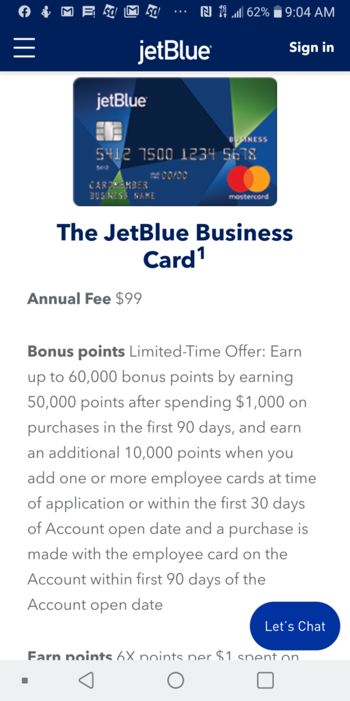 New JetBlue offers showing on mobile (60K biz / 50K personal)
