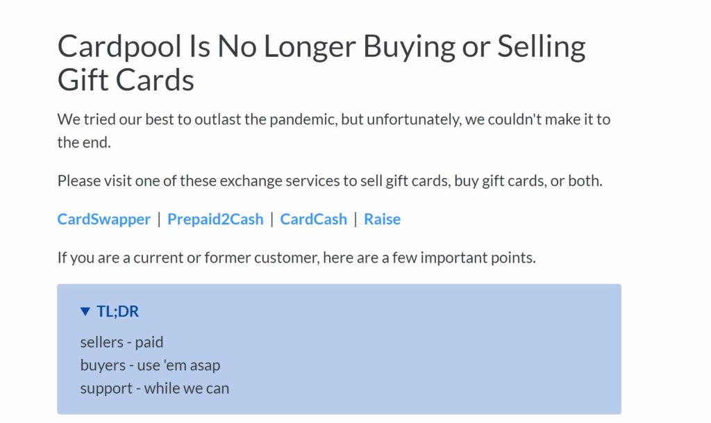 Cardpool shut down, use gift cards ASAP