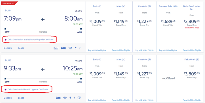Delta now shows upgrade certificate availability in search results!