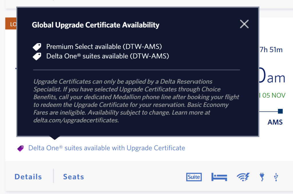 Delta now shows upgrade certificate availability in search results!