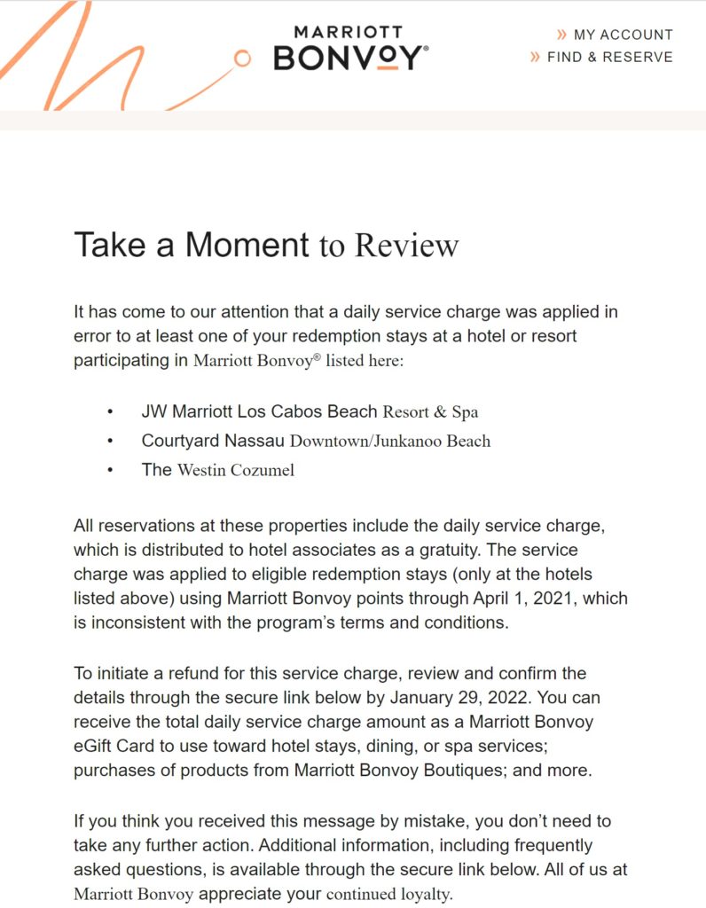 Marriott offering refunded service charge on award stays at 3 properties
