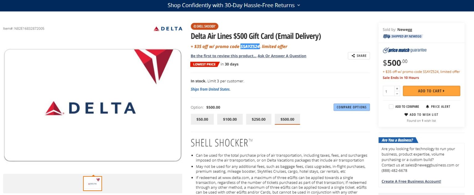 (EXPIRED) $500 Delta gift card for $465 at Newegg
