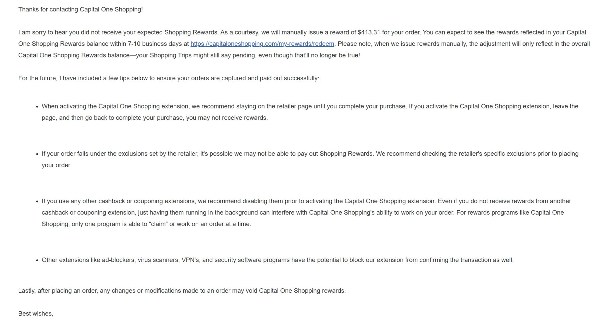 Great service: Success with a Capital One Shopping missing cash back claim