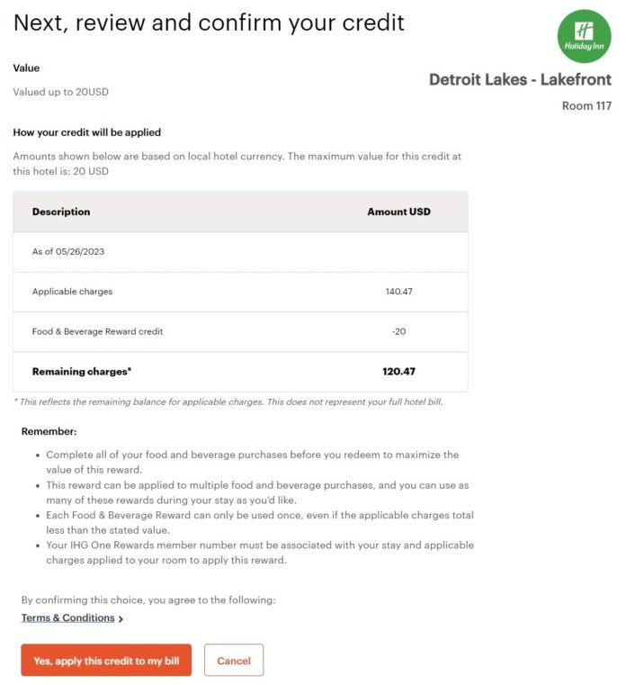 How to redeem IHG food & beverage credits earned from Milestone Rewards
