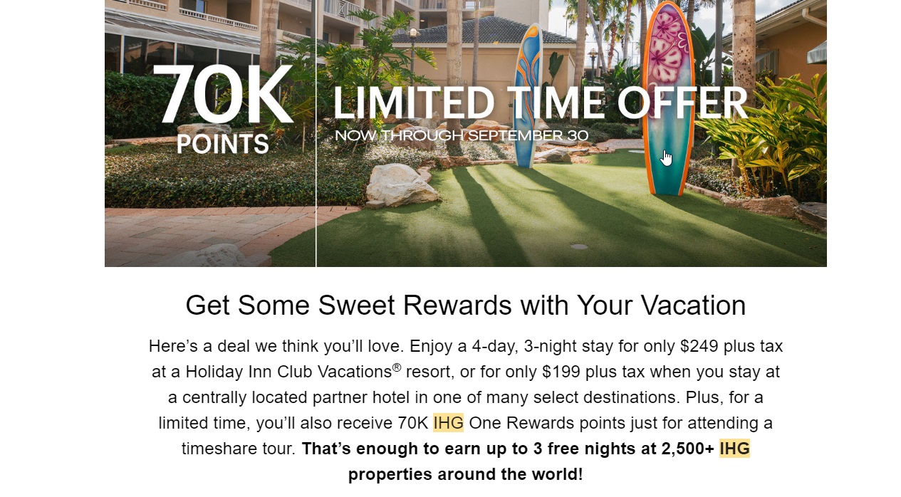 70K IHG points & 3-night stay for $199 or $249 with timeshare presentation