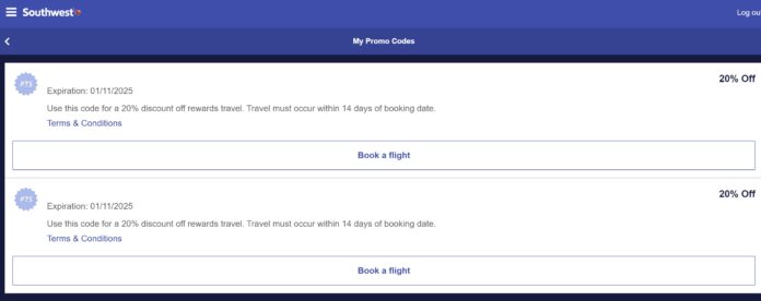 Ongoing Southwest promo for 20% off award flights within 14 days