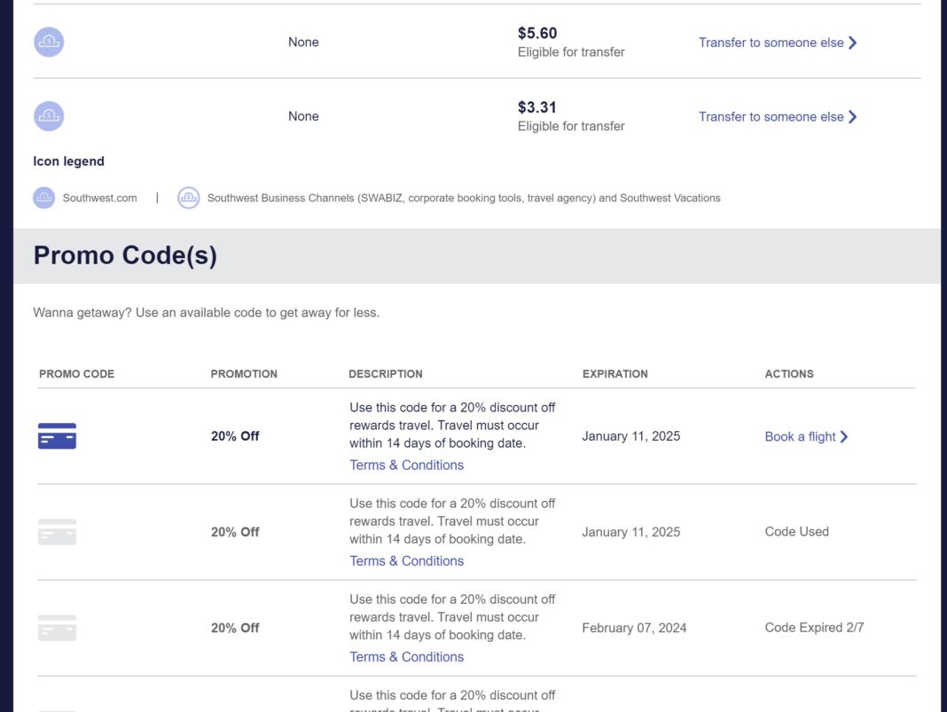 Ongoing Southwest promo for 20% off award flights within 14 days