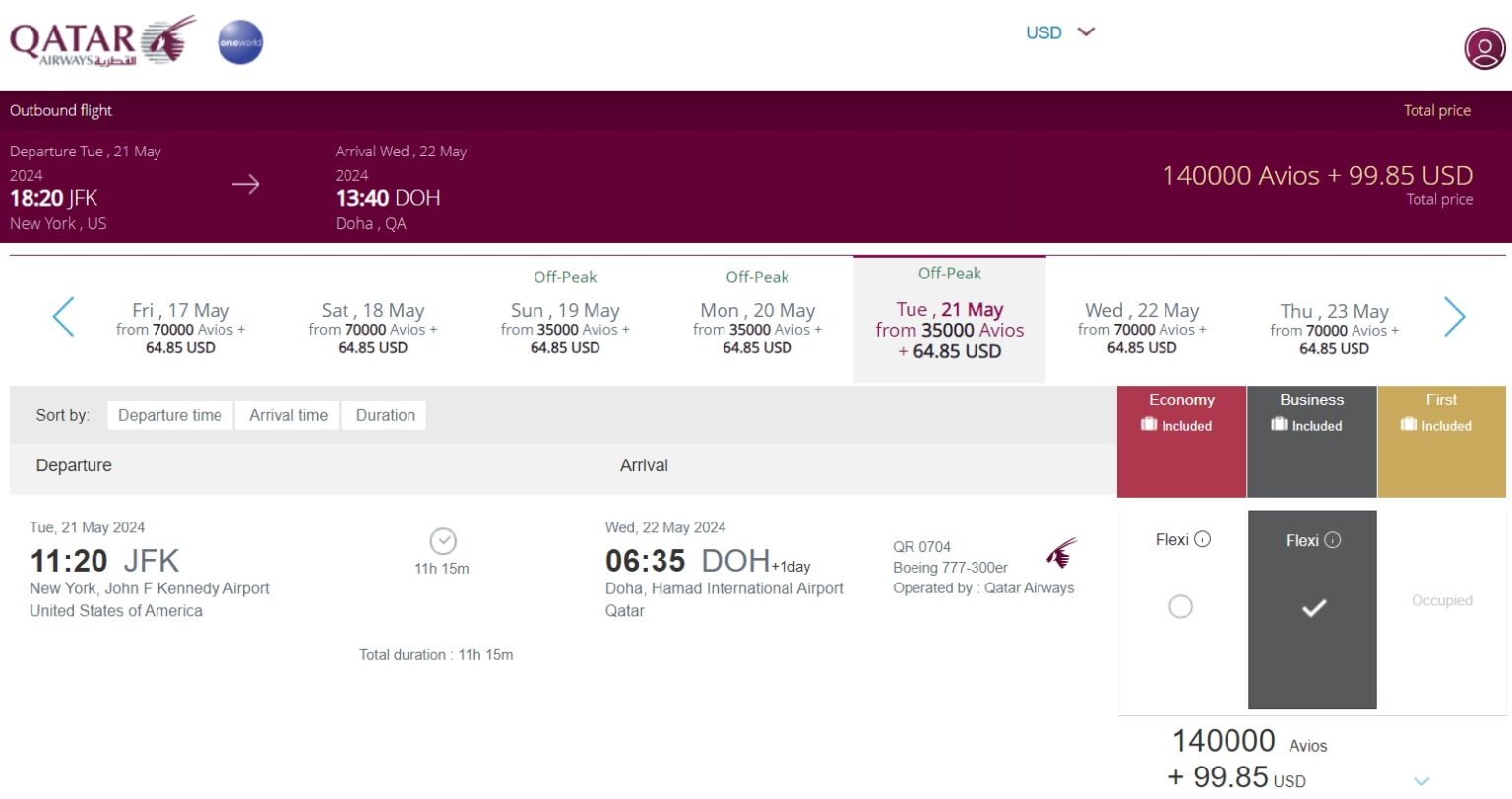 Qatar Business Class: 5+ levels of award availability
