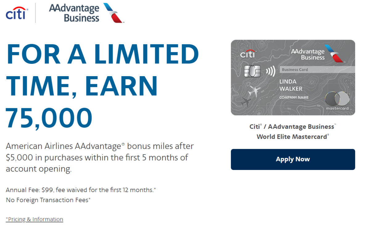 CitiBusiness AAdvantage Platinum Card: 75K Welcome Offer (last week)