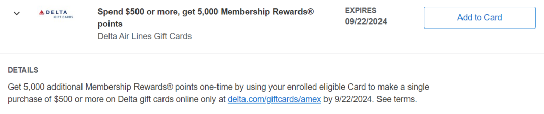 Delta Air Lines Amex Offer: 5,000 Membership Rewards on $500+ gift card ...