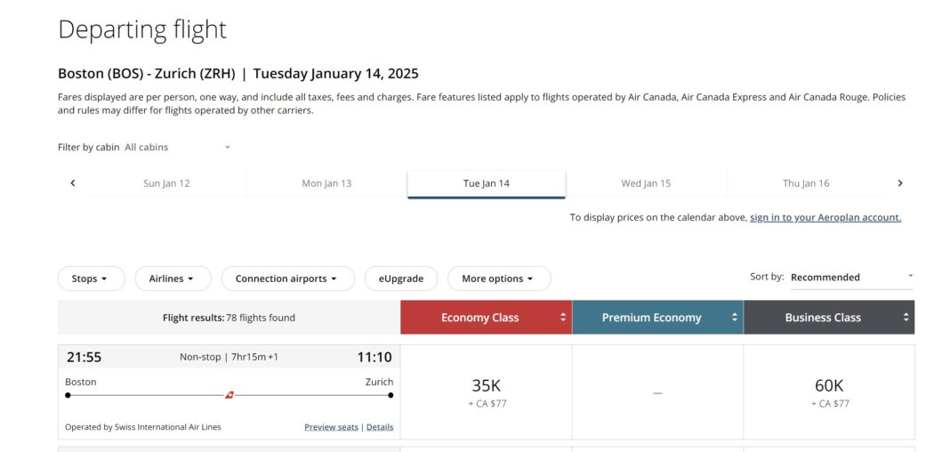 Understanding the Air Canada Aeroplan award chart