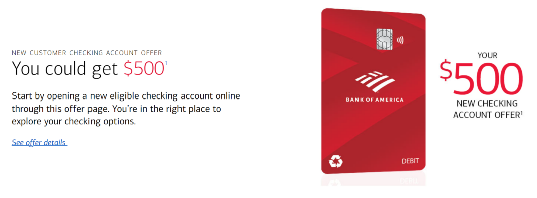 (Expired) Bank of America: $500 bonus with new checking account (no direct deposit required)