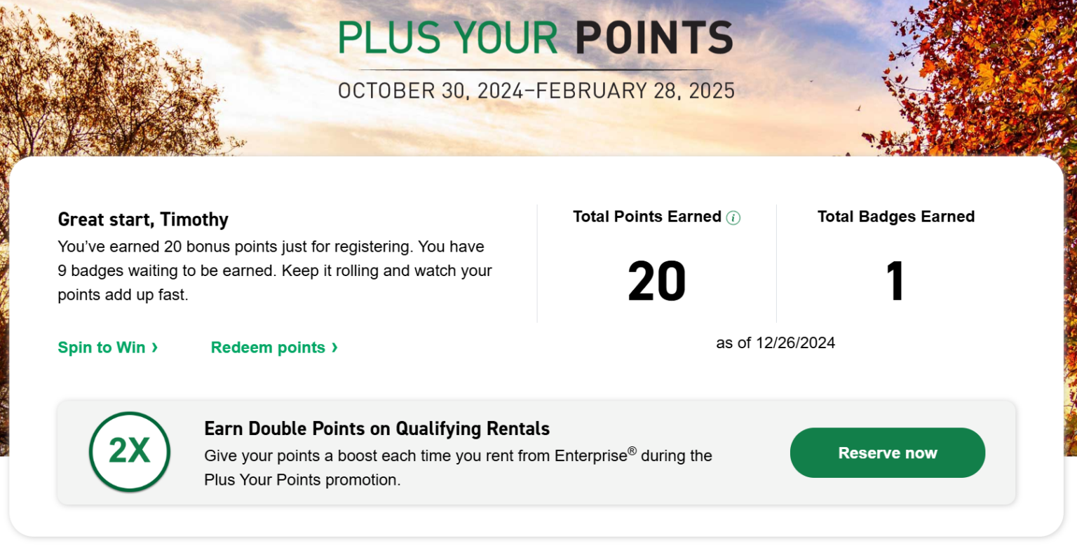 Earn free Enterprise Car Rental points with Plus Your Points promotion