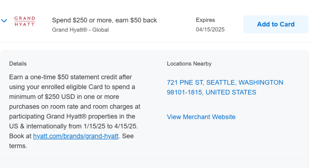 (EXPIRED) Grand Hyatt Amex Offer: Get $50 back on $250+ in spend