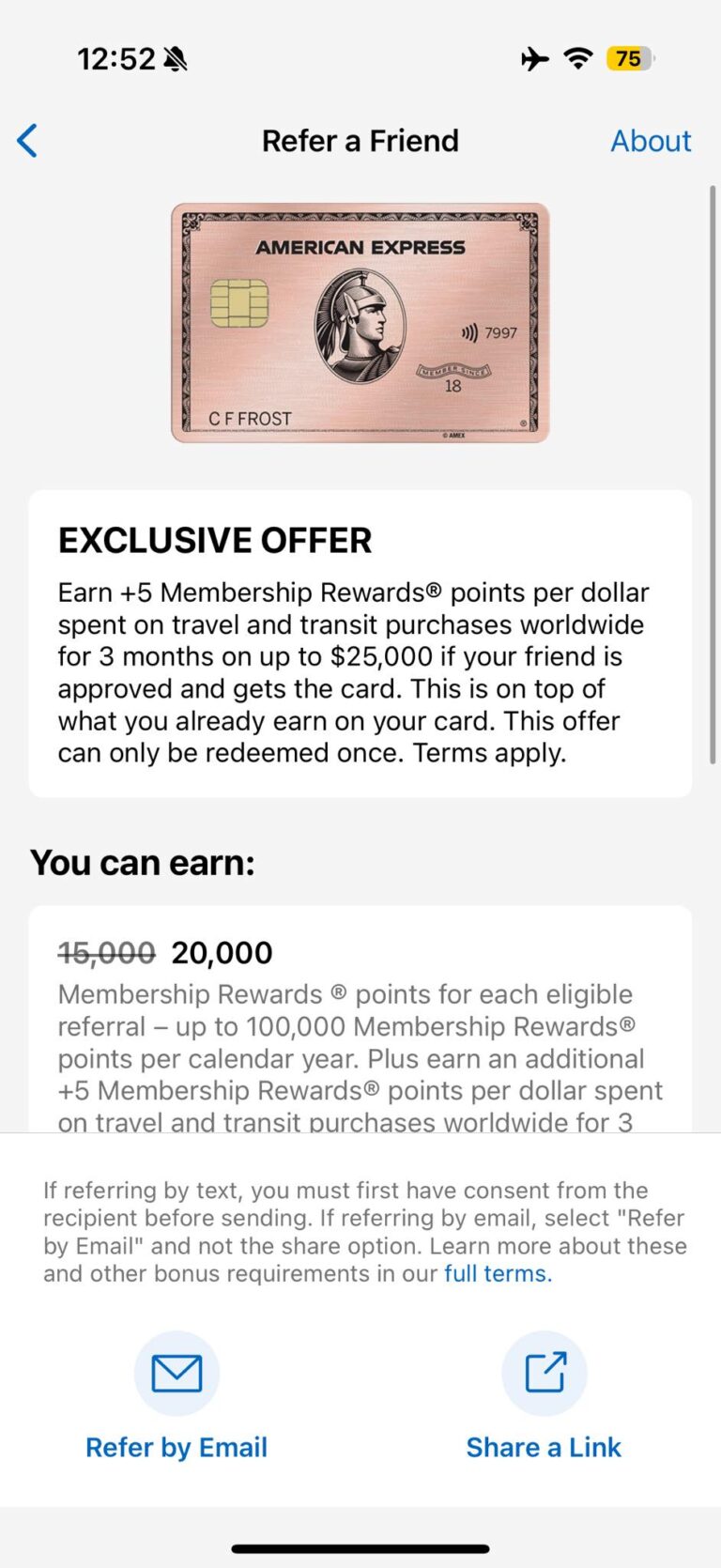 Amex targeting some to earn +5 points on travel & transit for referrals