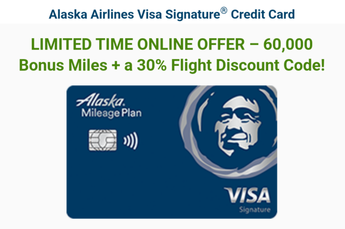 Alternate Alaska card offer: 60K miles + 30% flight discount code