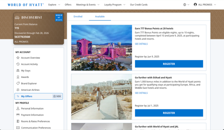 Hyatt app and website now show all your current promotions
