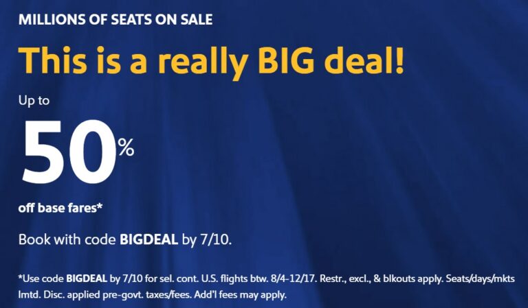 (EXPIRED) Southwest sale: Save up to 50% on base fares with promo code BIGDEAL (works on award ...