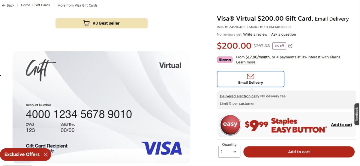 (Expired) Staples online: Fee-free $200 virtual Visa Gift Cards (Limit 4)