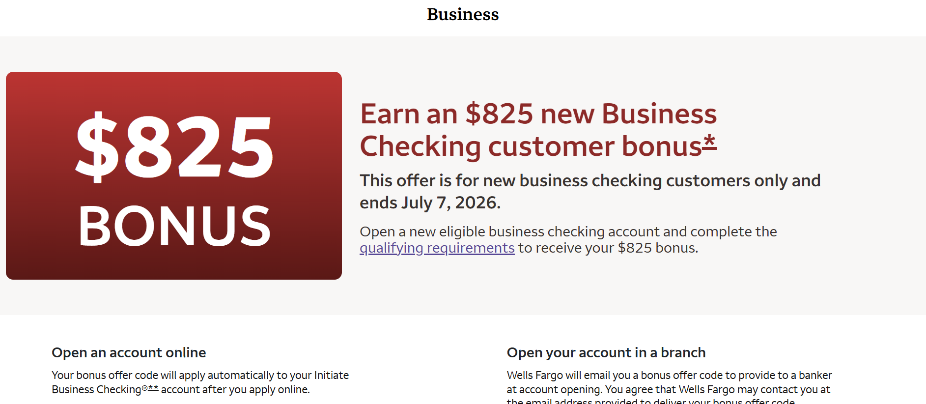 Wells Fargo: $400 / $825 bonus for new business checking account (no ...