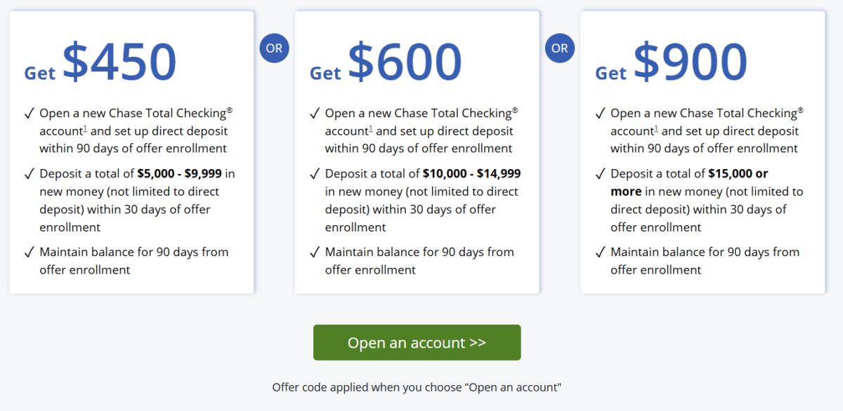 Up to $900 bonus with a new Chase checking account (no savings needed)