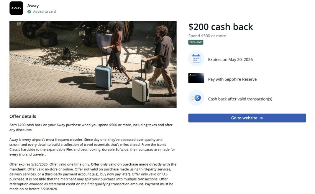 (EXPIRED) $200 back on $500+ at Away (luggage brand) via new Chase ...