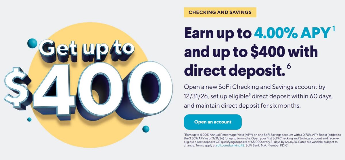 Earn up to a $815 bonus with a new SoFi checking/savings account